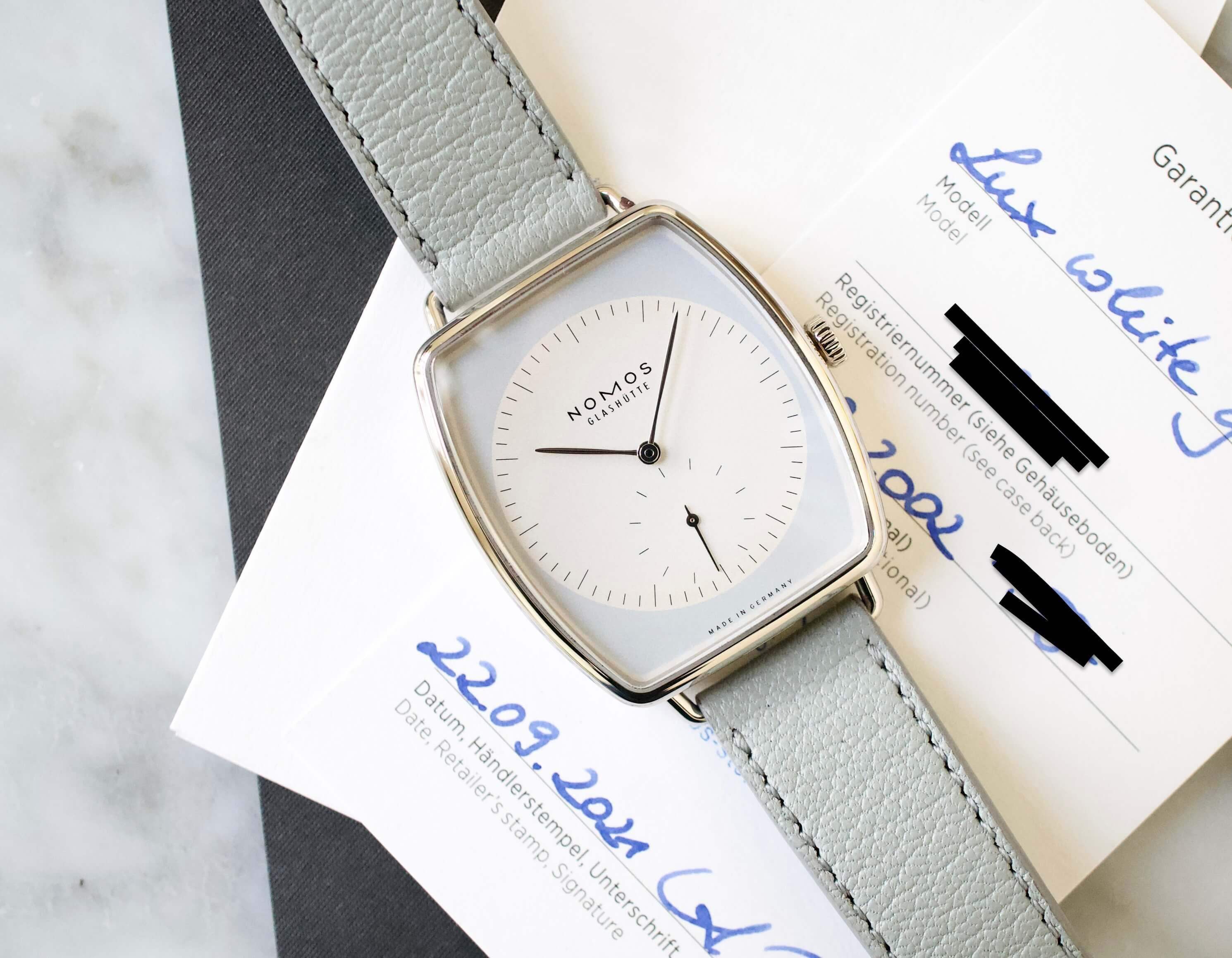 SOLD OUT: NOMOS LUX Ref. 942 TONNEAU 38.5 x 34mm White Gold Box Papers ...
